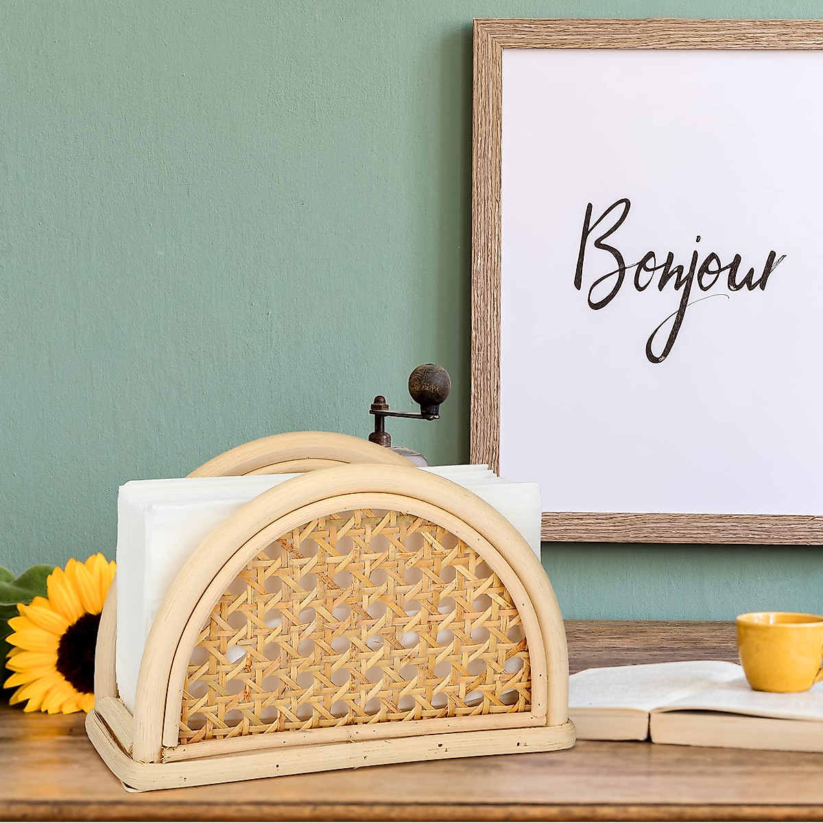 Tatuo Set of 3 Boho Rectangular Rattan Boxes with Glass Lids Woven Basket with Semicircle Napkin Holder Cane and Rattan Display Storage Basket Decorative Boxes for Home Decoration