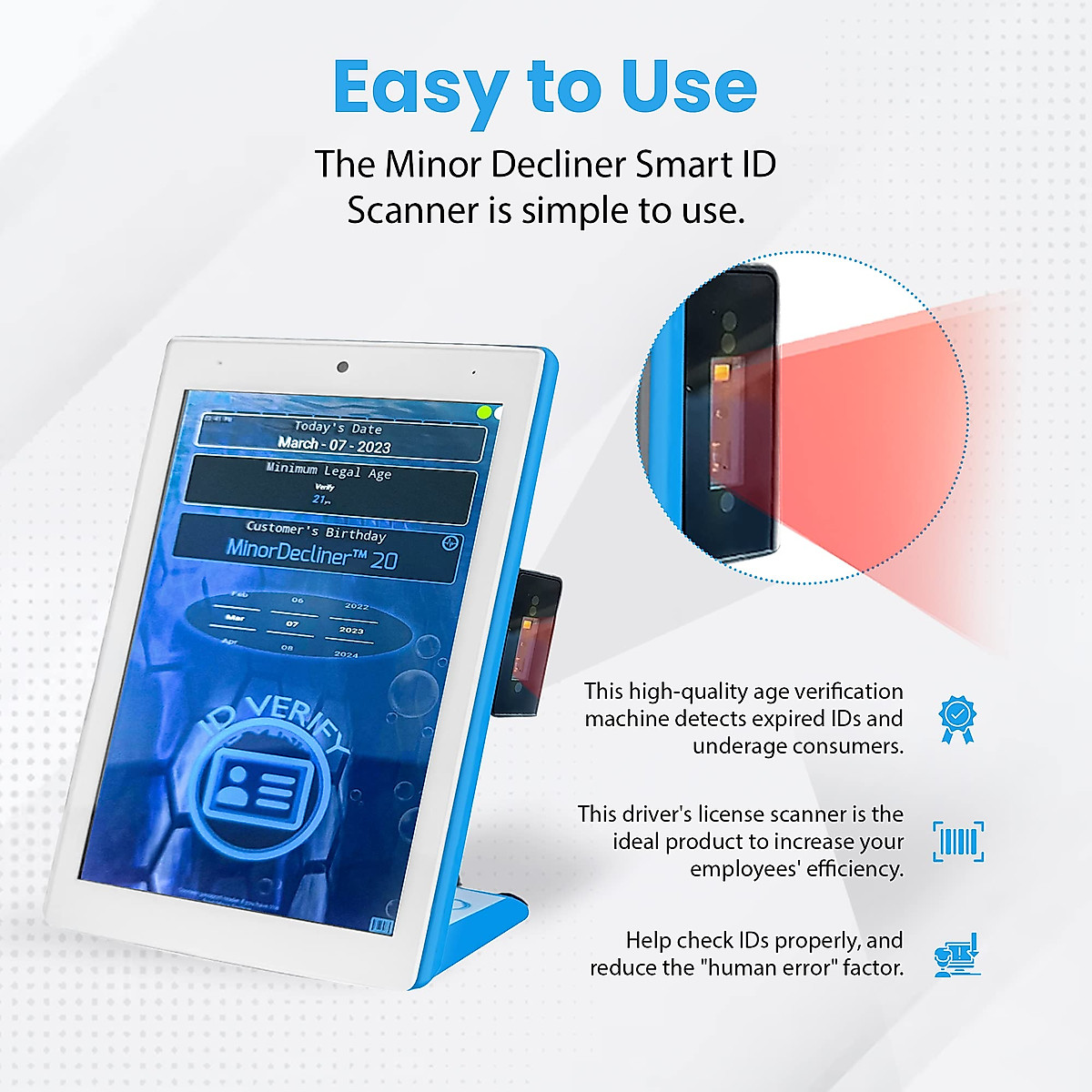 Bundle Smart ID Scanner for Bars, Clubs, and Other Businesses - Detects Expired IDs and Underage Consumers - Reads The 2D Barcode in All 50 States - Minor Decliner