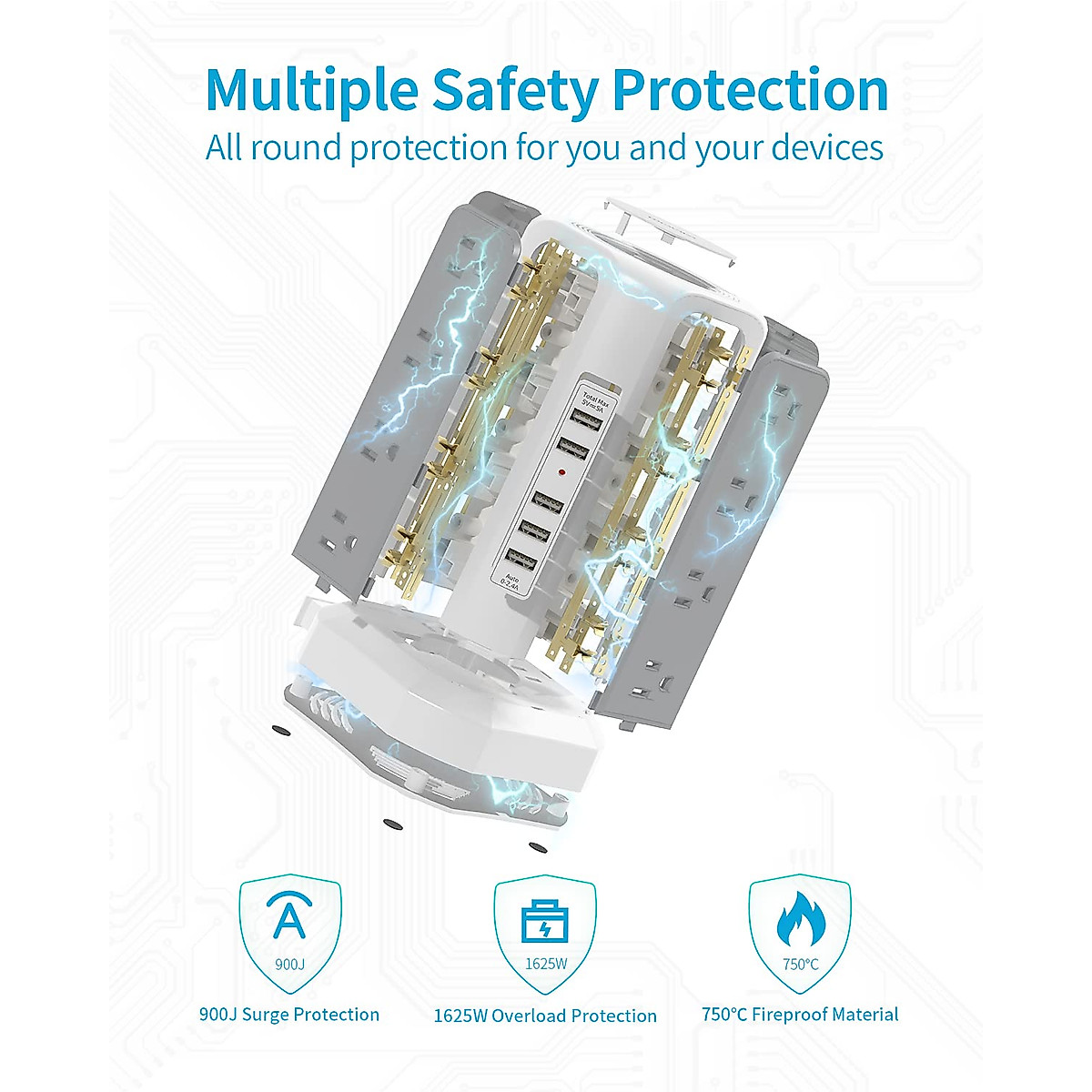 Surge Protector , Fararaka 6FT Power Strip Tower with 16 Outlets and 5 USB Ports, Flat Plug Multi Outlet Tower for Home, Office, Dorm Room