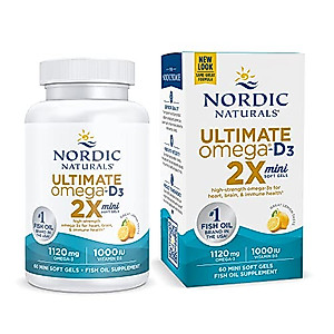 Nordic Naturals Ultimate Omega 2X Mini D3, Lemon Flavor - 60 Mini Soft Gels - 1120 mg Omega-3 + 1000 IU Vitamin D3 - Omega-3 Fish Oil - EPA & DHA - Promotes Brain & Heart Health - 30 Servings