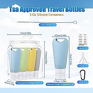 Sliner 4 Pieces Travel Bottles with Bag Labels Brush Hooks Funnel Silicone Refillable 3oz Travel Size Bottles Leak Proof Reusable Squeezable Empty Travel Containers for Toiletries Shampoo Conditioner