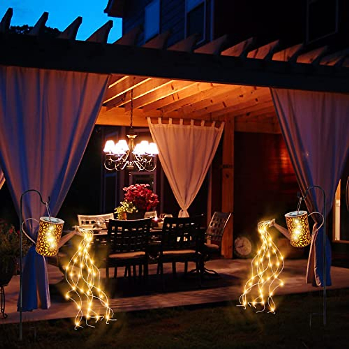Watering Solar Can Lights Outdoor Waterproof Powered, Large Solar Outdoor Light with Cascading Lights, Solar Lantern Garden Lights with Shepherds Hook for Patio Yard Pathway Mother's Day Gifts