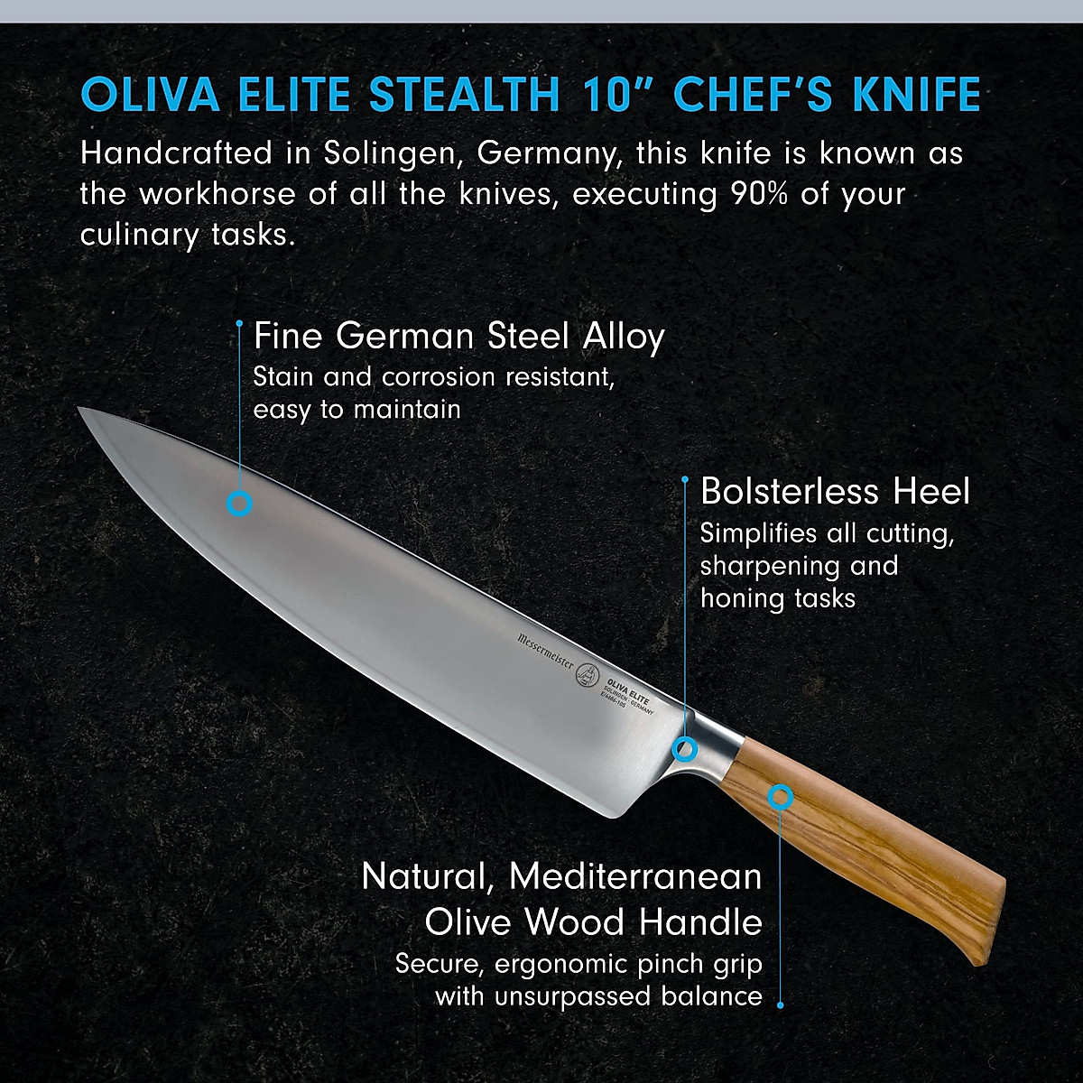 Messermeister Oliva Elite Stealth 10” Chef’s Knife - Fine German Steel Alloy Blade & Natural Mediterranean Olive Wood Handle - Rust Resistant & Easy to Maintain