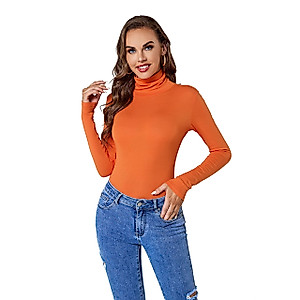ACANI Orange Turtle Neck Tops for Women Ribbed Women's Long Sleeve Slim Fit Mock Orange Turtleneck Basic Stretchy Lightweight Layering Tops(Orange Medium)