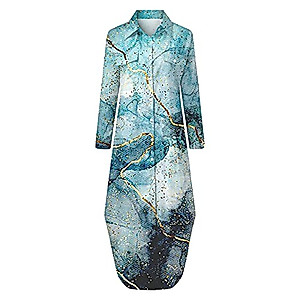 Womens Dresses 2023 Betten Down Sundress Long Sleeve V-Neck Dresses Floral Print Casual Loose Beach Mixi Light Blue XX-Large