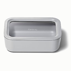 Caraway Glass Food Storage, 6.6 Cup Glass Container,Ceramic Coated Food Container,Easy to Store, Non Toxic, Non Stick Lunch Box Container with Glass Lids. Dishwasher, Oven,Square Shape,Gray