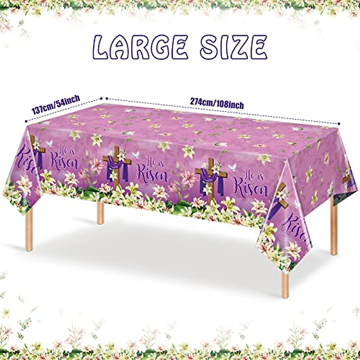 3 Pack He is Risen Easter Tablecloth Party Decorations, Spring Lily Floral Easter Plastic Tablecloth Rectangle for Holiday Spring Farmhouse Kitchen Dining Table Decorations Indoor Outdoor, 54x108 Inch