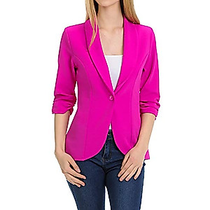 MINEFREE Women's 3/4 Ruched Sleeve Lightweight Work Office Blazer Jacket Berry L