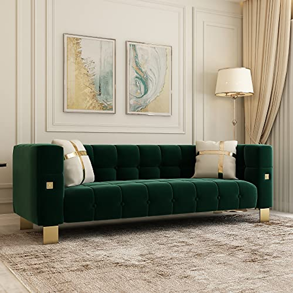 MoLiFaning 89" Modern Chesterfield Velvet Sofas Mid Century Modern Button Tufted Velvet Couches with 2 Pillows and Gold Legs,for Living Room Apartment Bedroom Office (89" Green)