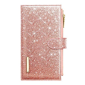 Womens RFID Blocking Pink Glitter Leather Multi Card Organizer Bifold Pink Wallet with Zipper Pocket,Rose Gold