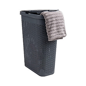Mind Reader 40L Slim Laundry Hamper, Clothes Basket, Lid, Wicker Design, Plastic, 18"L x 10.4"W x 23.5"H, Gray