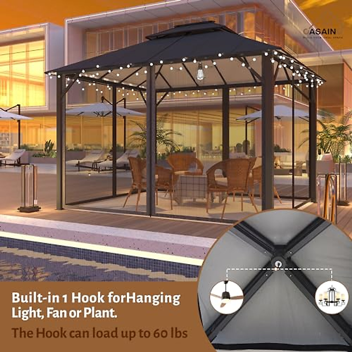 CASAINC Hardtop Gazebo 10x12 FT, Hardtop Gazebos with Double Roof, Aluminum Frame Permanent Outdoor Canopy, Patio Gazebo with Mosquito Netting for Patio Lawn Garden