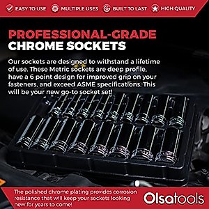 Olsa Tools Metric Socket Set (18pc) | 1/2-Inch Drive | 6-Point Deep Socket Set | Metric Sizes from 10 mm to 27 mm | Mechanic Metric Socket Sets | Long Chrome Sockets | Professional Grade