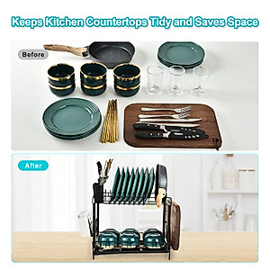 aceyoon 2 Tier Dish Drying Rack for Kitchen Counter with Swivel Spout, Detachable Dish Rack and Drainboard, Dish Drainer Organizer with Cup Utensil Cutting Board Holder (17.52 x 9.96 x 14.56inch)