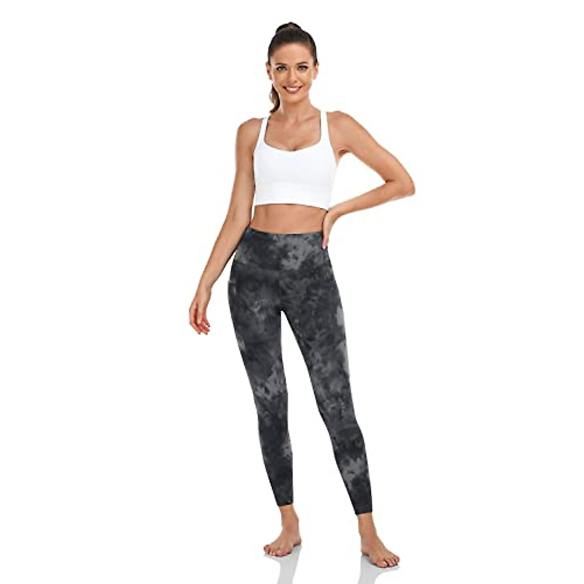 HeyNuts Leggings with Pockets for Women, High Waisted 7/8 Leggings Tummy Control Compression Workout Buttery Soft Pants 25'' Diamond Dye Coal Black S(4/6)