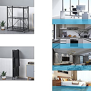 Karlling Storage Shelves with Wheels,3 -Tier Foldable Heavy Duty Shelves Kitchen Organizer Shelves Wheel Casters,Garage Metal Organizer Wire Rack(Black)