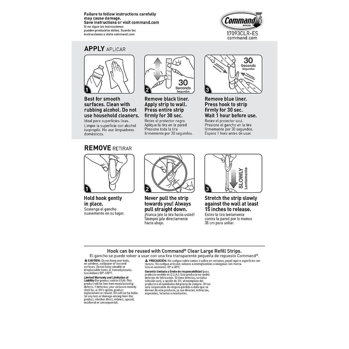 3M Command 17093CLRES Adhesive Hanging Hook, Large, Holds 4lbs., Clear