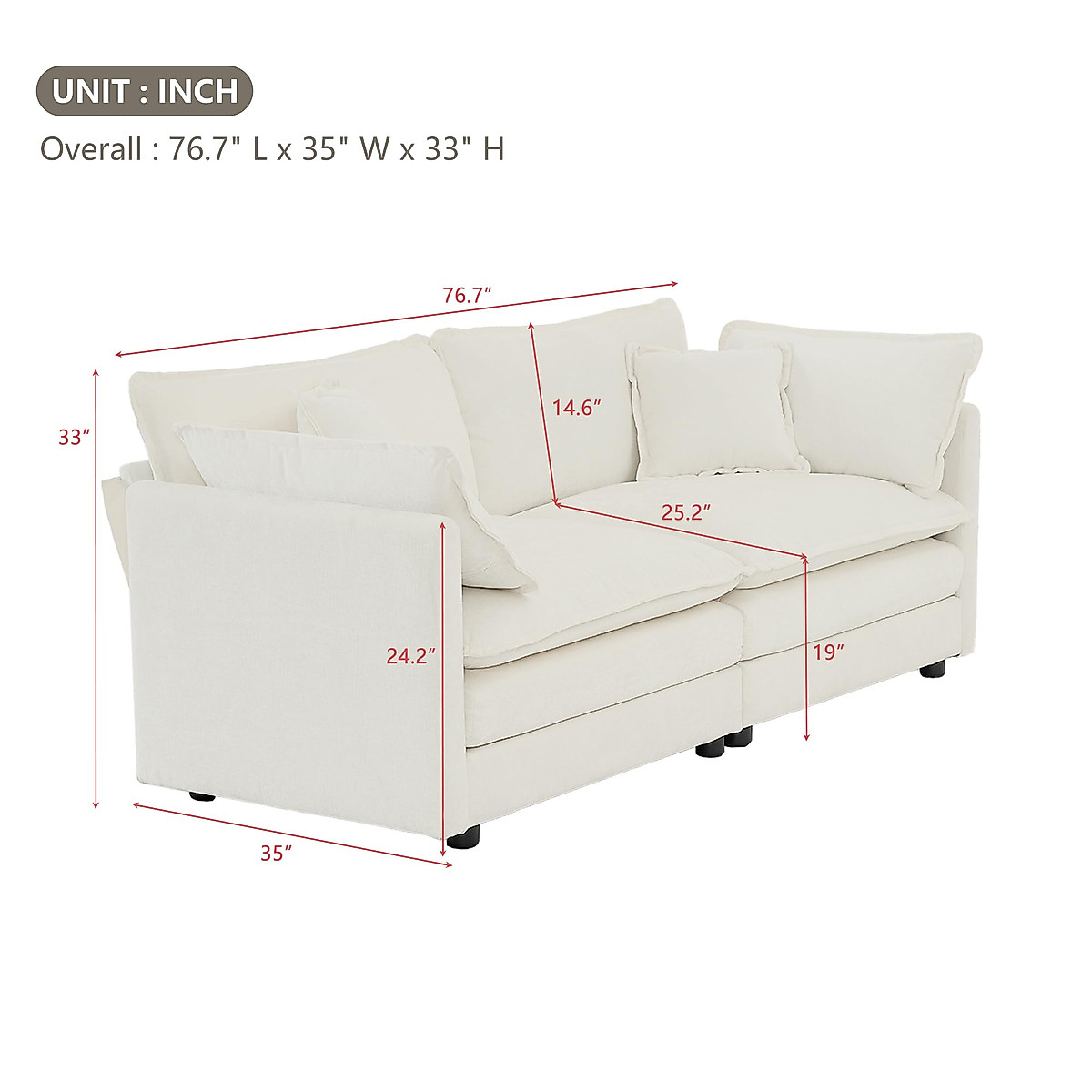 VEPXXP 76.7" Luxury Loveseat Sofa Couch, Deep Sectional Sofa Cloud Couch with 2 Armrest Pillows, Chenille Comfy Love Seat Sofa for Living Room, Apartment, Studio, Office,White