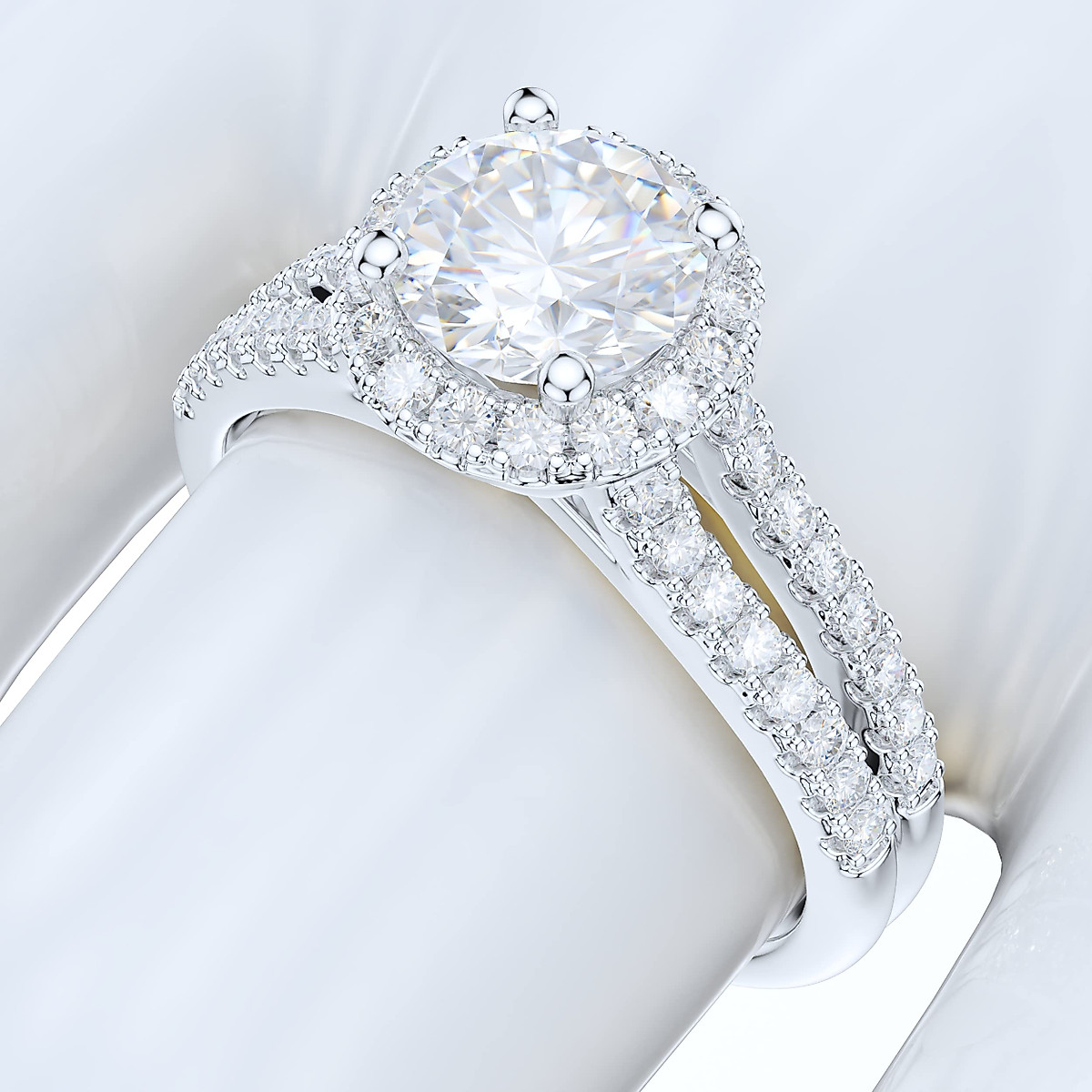 PRSTANI Sterling Silver Split Shank 1.0CT Round Brilliant Cut Genuine Moissanite Halo Engagement Ring Bridal Ring For Women (7.5)