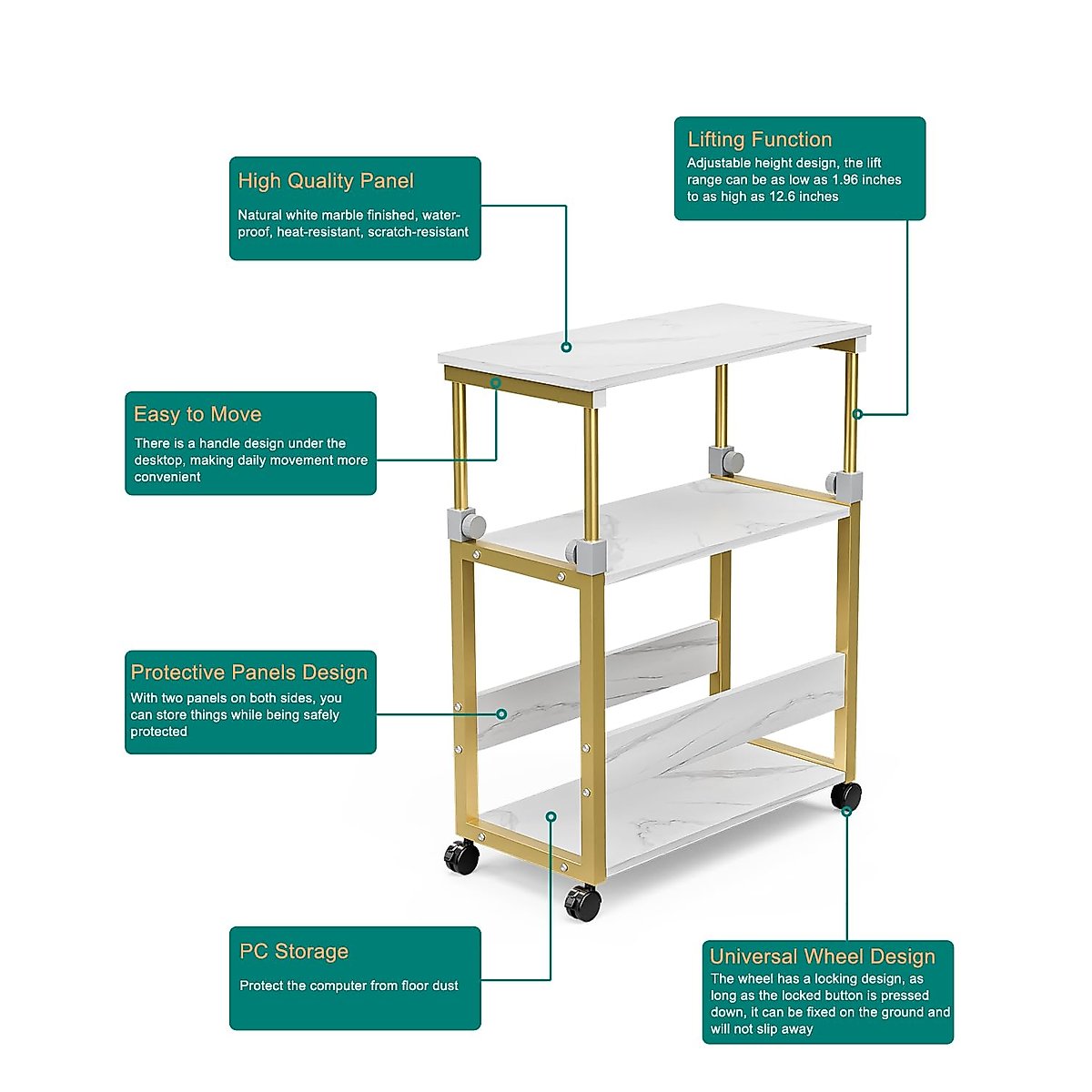 HMFOR Computer Tower Stand with Height Adjustable, PC Stand for Under Desk, Moblie Computer Case Tower, 3-Tier Computer Cart with Rolling Wheels for Home Office Gaming Case, Faux White Marble