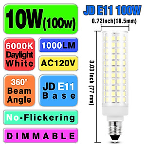 Ziomitus Dimmable JDE11 120V 100W Halogen Candelabra Bulbs Equivalent,T3 T4 Mini Base, 6000K Daylight White 10W 1000 LM E11 for Chandeliers,Candelabra,Ceiling Fan, Cabinet Lighting,2Pack
