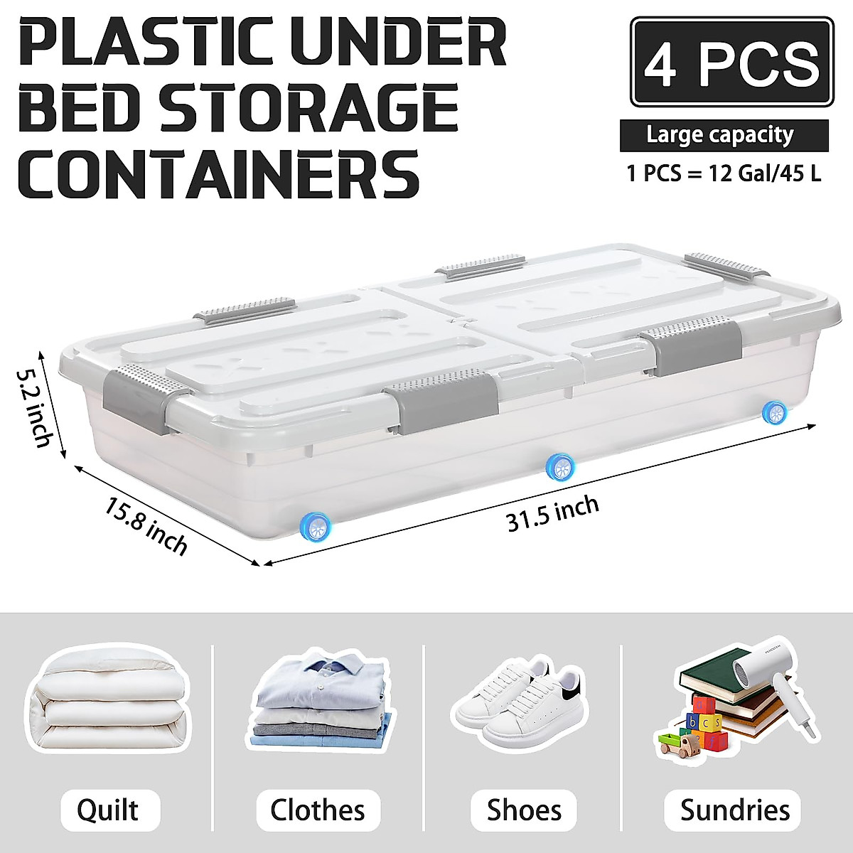 Beeveer 4 Pcs Plastic Under Bed Storage Containers with Double Opening Lids Wheel Handle, Transparent Large Capacity Stackable Latching Storage Bins for Closet Bedroom, 31.5 x 15.8 x 5.2 Inch(White)