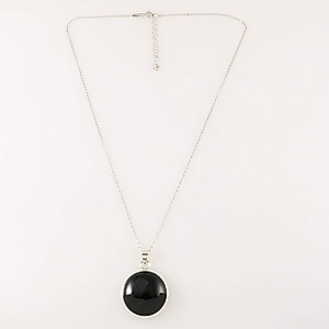 Echmeck Sterling Silver 925 Round Black Onyx 20mm Handmade Pendant Necklace with 16+2 inches Chain for Women