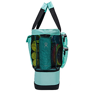 ToteCooler Beach Picnic Mesh Tote Bag with Zipper Top, Dual Internal Sling Bottle Pockets, 3 Exterior Pockets and Insulated Soft Cooler with Anti-Slip Rubber Base Guard (Seafoam)