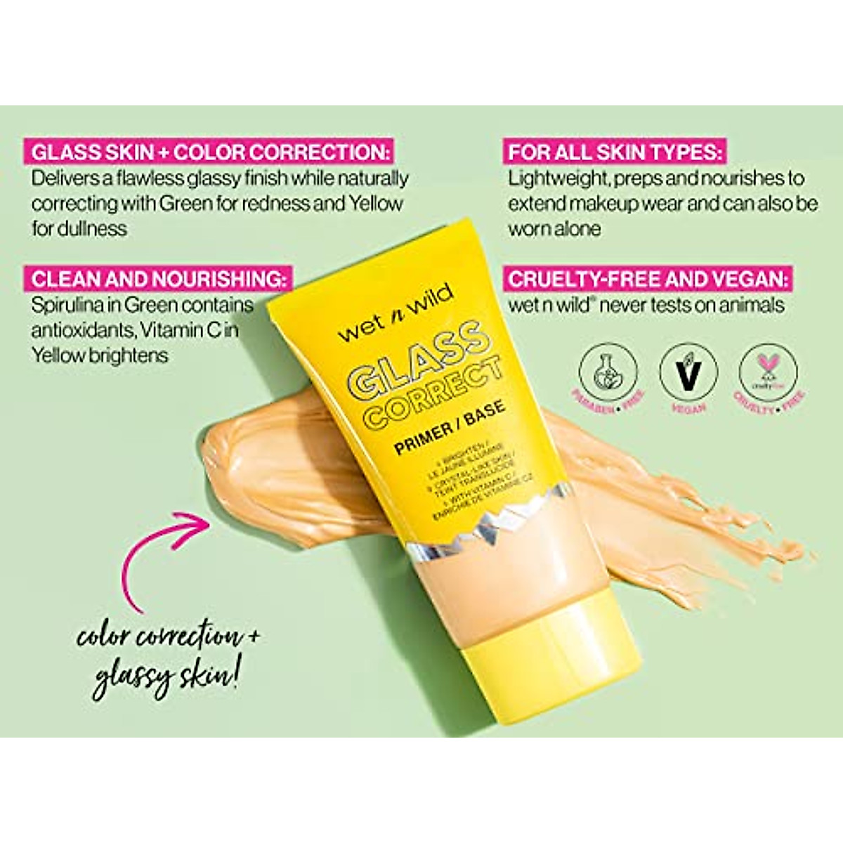 wet n wild Prime Focus Glass Skin Correct Primer, Bright Crystal Finish, Yellow