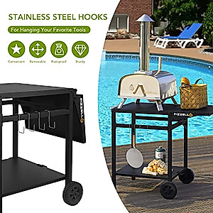 PIZZELLO Outdoor Grill Dining Cart Movable Pizza Oven Trolley BBQ Stand Double -Shelf Outdoor Worktable with 2 Wheels and 4 Hooks