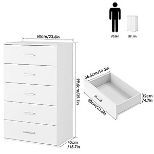 TTVIEW 5 Drawer Dresser Chest, Freestanding Dresser Storage Tower with Metal Handles, White Storage Cabinet for Living Room, Kitchen, Entryway, Closet
