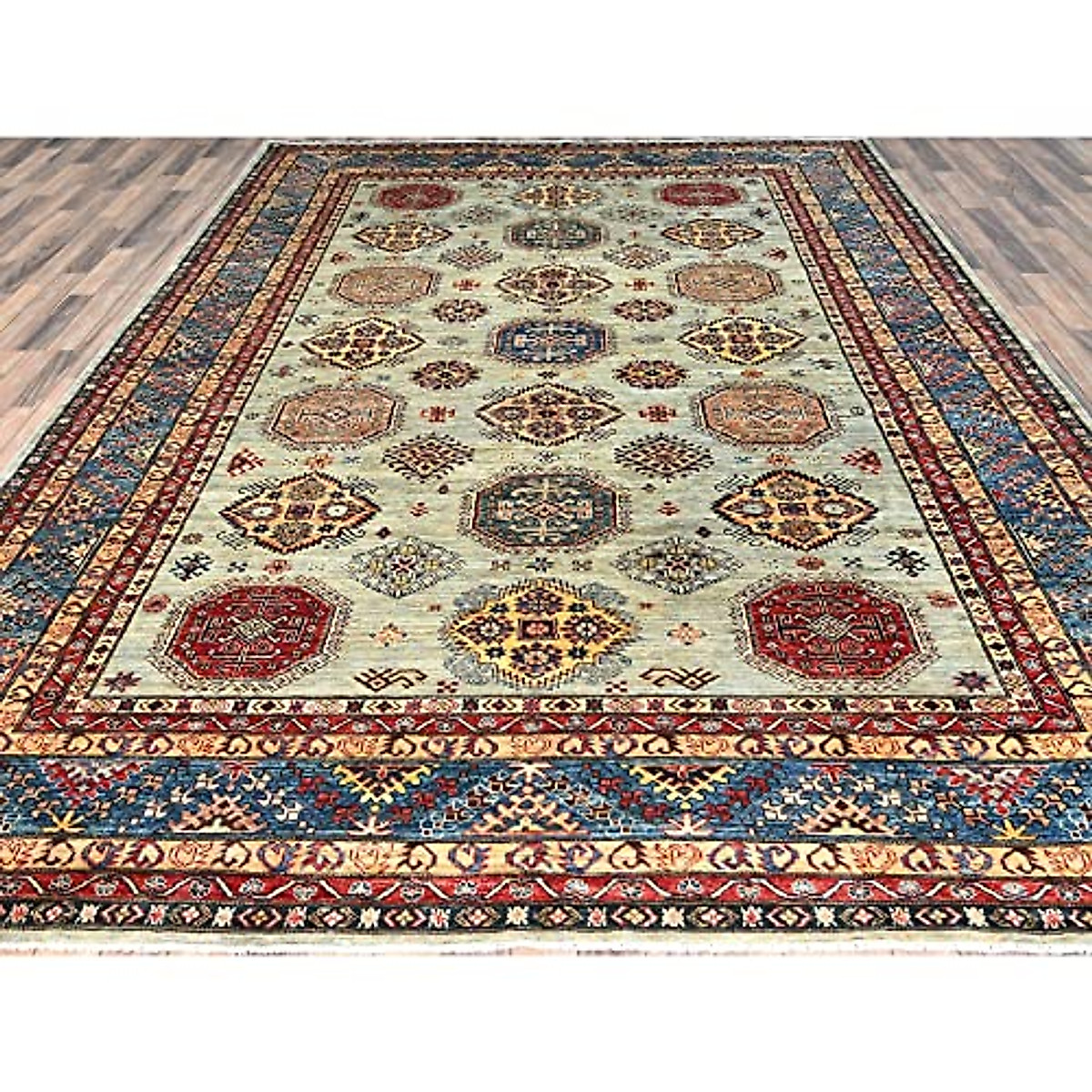 Shahbanu Rugs Light Gray Vegetable Dyes Dense Weave Soft Wool Hand Knotted Afghan Super Kazak with Geometric Medallions Oriental Rug (8'10"x12'1")
