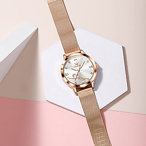 OLEVS Womens Watches Rose Gold Mesh Strap Fashion Dress Quartz Waterproof Luminous Watches for Women Bracelet Sets White Face