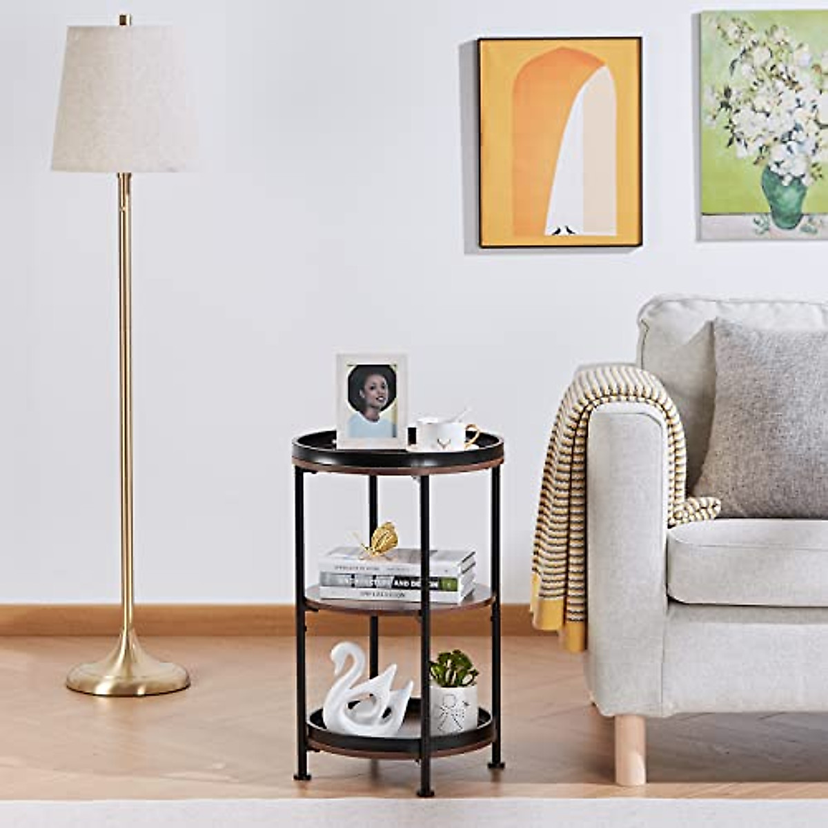 Dulcii Industrial Round End Table, 3 Tiers Round Side Table with Sturdy Metal Frame, Metal Round Sofa Table, Vintage Nightstand for Living Room Bedroom, Easy Assembly (Rustic Brown)