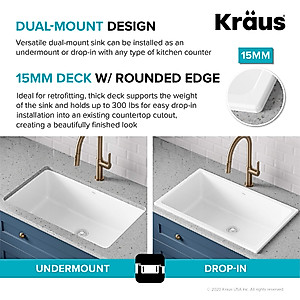 KRAUS Turino™ 30” Drop-In Undermount Fireclay Single Bowl Kitchen Sink with Thick Mounting Deck in Gloss White, KFD1-30GWH