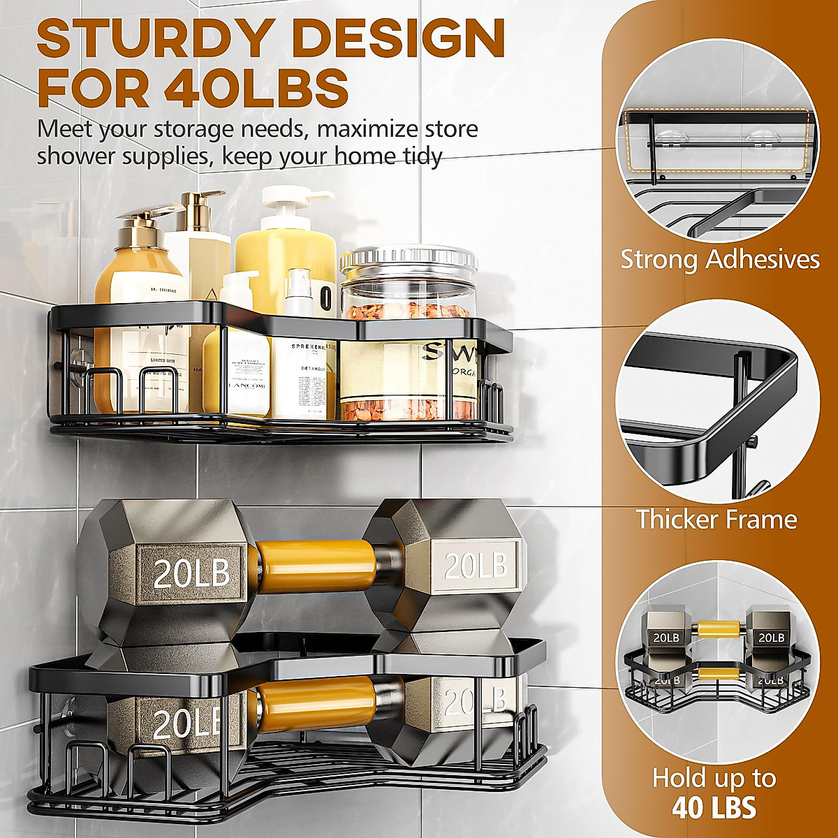 MAXIFFE Shower Caddy, 3-Pack Shower Organizer with Soap Holder, Corner Shower Caddy with 8 Hooks, Wall Mounted Shower Shelf for Bathroom, Kitchen, Countertop, Black