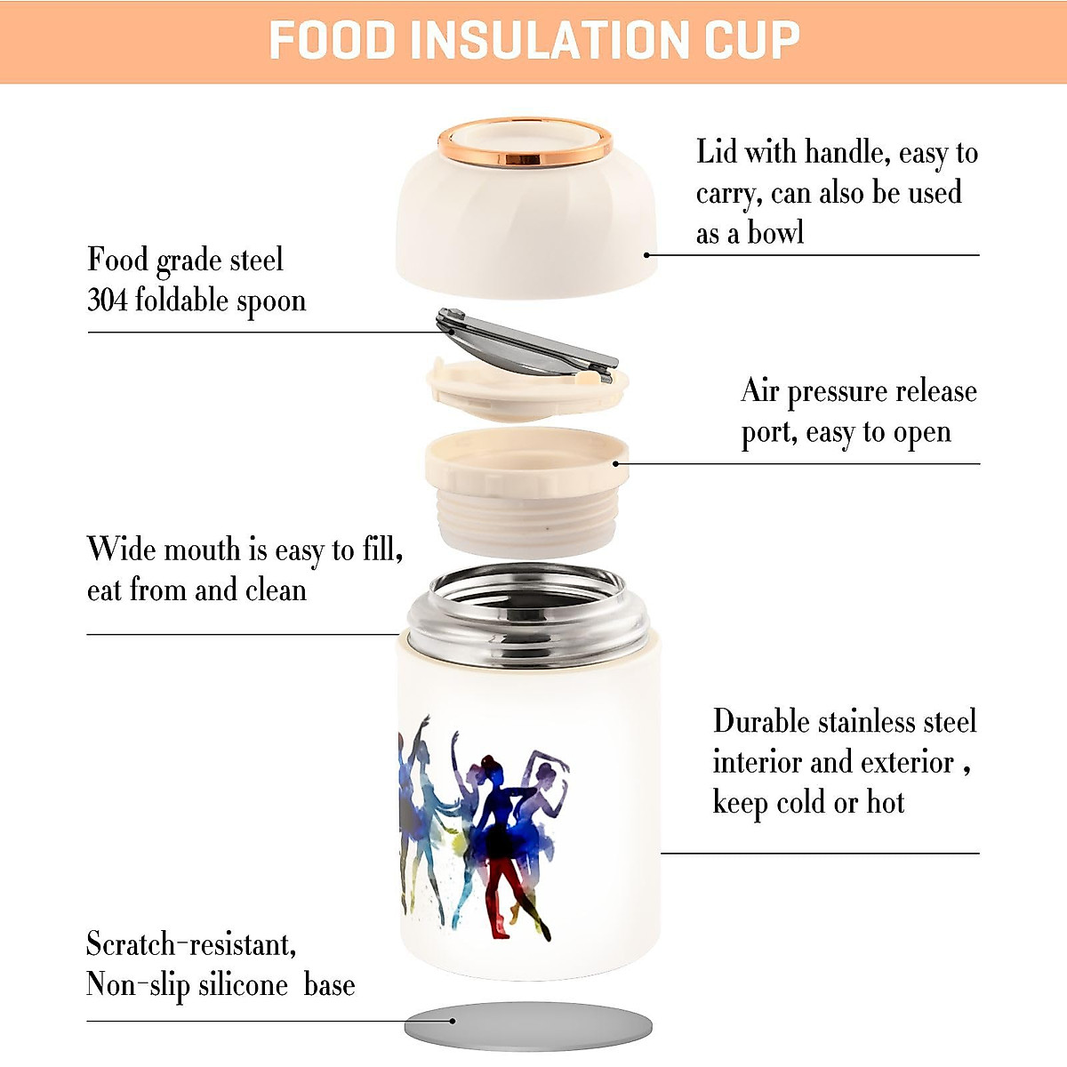 Ballerina Dancing Kids Womens Lunch Insulated Jar with Spoon 17oz/500ml Hot Food Storage Stainless Steel Vacuum Vacuum Insulated Thermal Lunch for Keep Food Warm