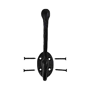 Renovators Supply Manufacturing Black Wrought Iron Robe and Coat Double Hooks 5 in. Long Rustic Entry Way Hat or Jacket Hanger Wall Mount Rust Resistant Bathroom Towel Hooks with Hardware Pack of 6