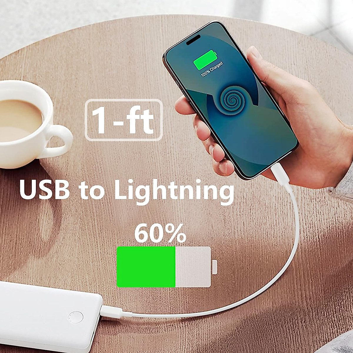 GKW Carplay iPhone Charger Cord 1ft [MFi Certified] Short USB to Lightning Charging Cable for iPhone 14/13/12/11/X/XR/XS Max/8/7/6 Plus, iPad, Aiapot Pro, 12 inch White 1-Pack