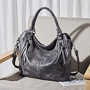 FOXLOVER Hobo Bags for Women Leather Crossbody Shoulder Bags Ladies Large Tote Purse (Grey)