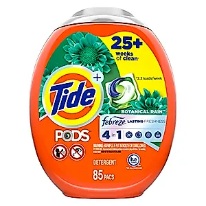 Tide PODS Liquid Laundry Detergent Soap Pacs, 4-n-1 with Febreze, HE Compatible, 85 Count, Lasting Freshness, Botanical Rain Scent