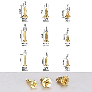 1080 Pcs Small Screws M2/M2.5/M3, Phillips Flat Head Cross Screws, Tiny Gold Self Tapping Screws, Micro Multifunctional Cabinet Electronic Accessories Screws for Woodworking (Carbon Steel Gold)