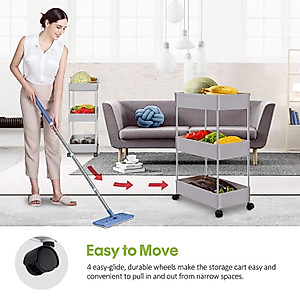 KPX Bathroom Rolling Storage Cart with Wheels Kitchen Utility Cart Casters Mobile Laundry Organizer Shelves for Room Organizers, Make Up, Home School, Dorm Room Office Essentials (3-Tier, Gray 1)