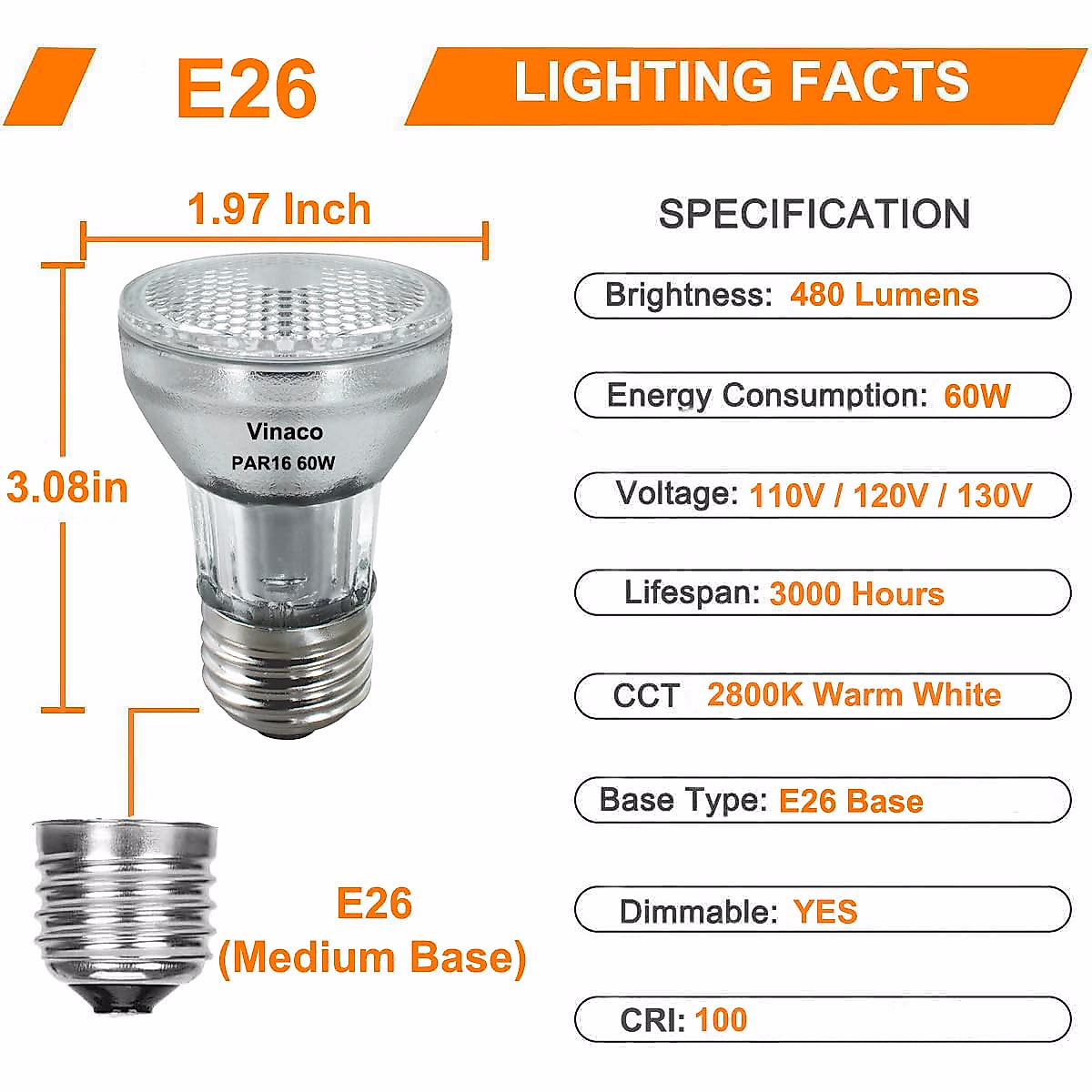 Vinaco PAR16 Bulb 120V, 6 Pack Long Lasting PAR16 Halogen Bulb 60 Watt with E26 Base, PAR16 Dimmable with 2800K Warm White, High Output PAR16 Flood 60W for Range Hood Lights, Table Light, Track Light