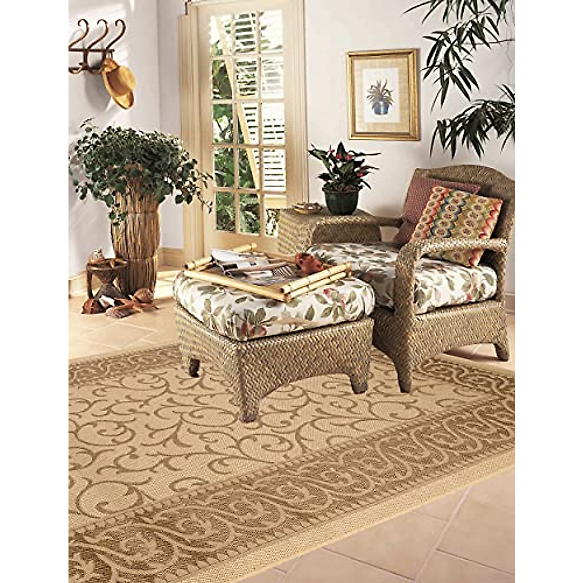 Msrugs Area Rugs - 9x12 Flatweave Collection Key West Beige/Gold Indoor/Outdoor Modern Area Rug - Contemporary Floral Carpet for Patio, Deck, Porch, Camp and Picnic (8'10''x11'9'')