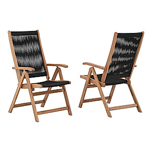 OC Orange-Casual Folding Patio Dining Chair Set of 2, Outdoor Acacia Wooden Rope Reclining Chair w/Armrest, FSC Certified Wood, for Porch, Backyard, Garden, Indoor, Black