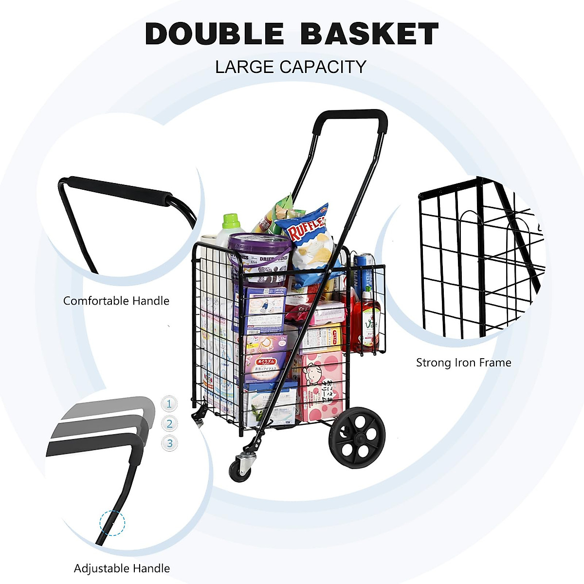 MARSTAR Folding Shopping Cart w/Rolling Swivel Wheels, Utility Cart for Groceries Laundry Transport Stair Climber, Double Basket, Adjustable Handle, Portable Grocery Cart, Light Weight, Save Space