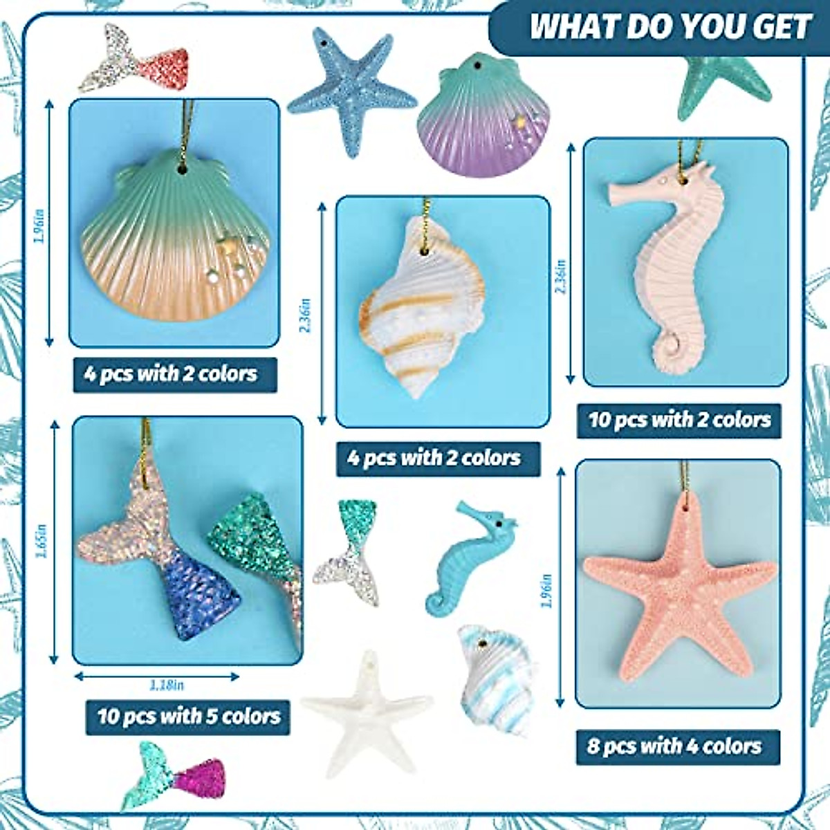 LOMIMOS 36PCS Christmas Ocean Themed Ornament,Colorful Summer Resin Pencil Finger with Rope,Assorted Beach Seashell Starfish Seahorse Nautical Hanging Decor for Wedding Birthday Party Craft