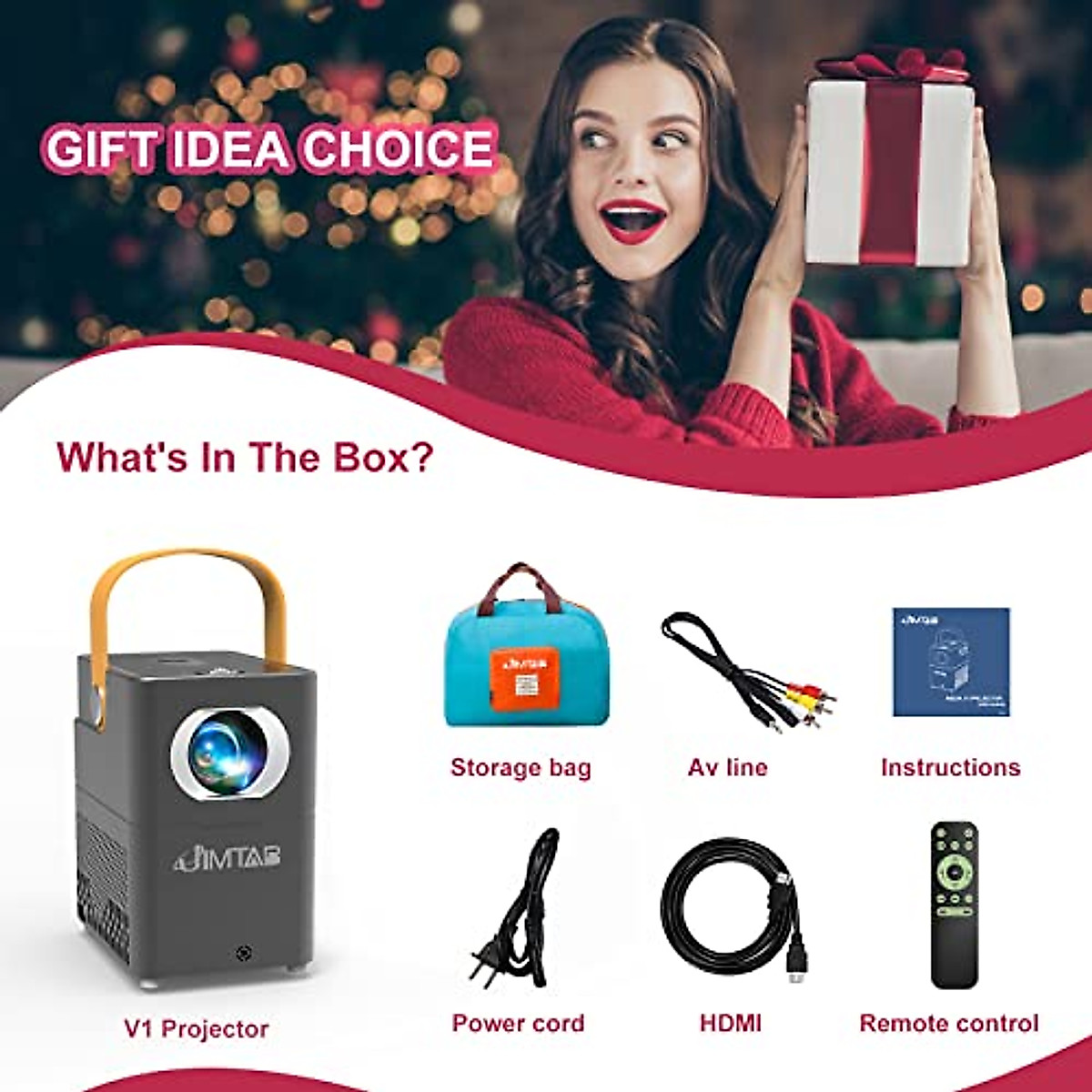 Portable WiFi Bluetooth Projector, JIMTAB V1 Outdoor Projector Full HD 1080P Supported, Mini Movie Projector with Foldable Carry Bag Dual Speakers Surround Sound (with Blue Foldable Bag)