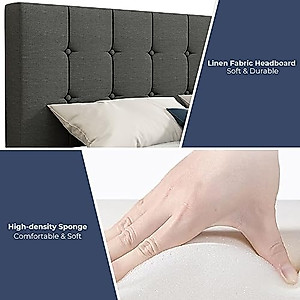 IULULU Queen Bed Frame, Upholstered Platform Bed Frame with Linen Fabric Headboard, Queen Size Mattress Foundation with Wooden Slats Support, Easy Assembly, No Box Spring Needed, Dark Grey